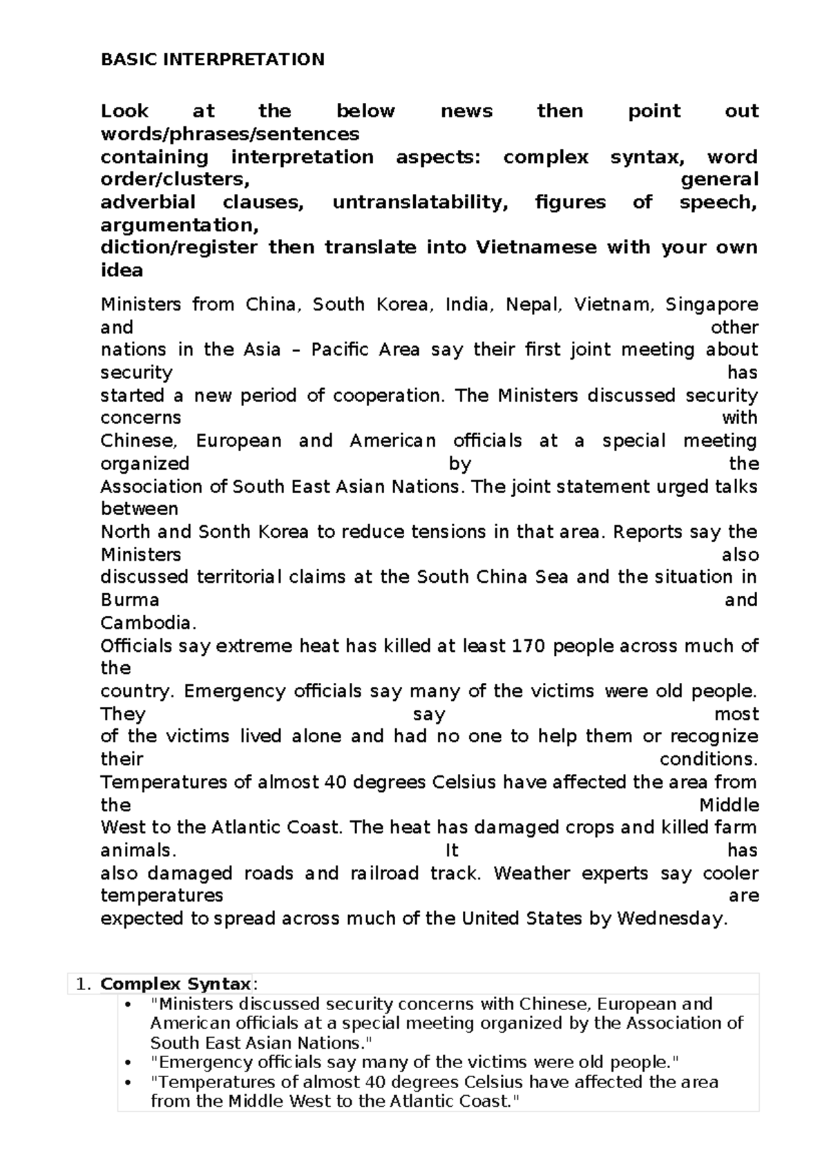 Basic Interpretation - BASIC INTERPRETATION Look at the below news then ...