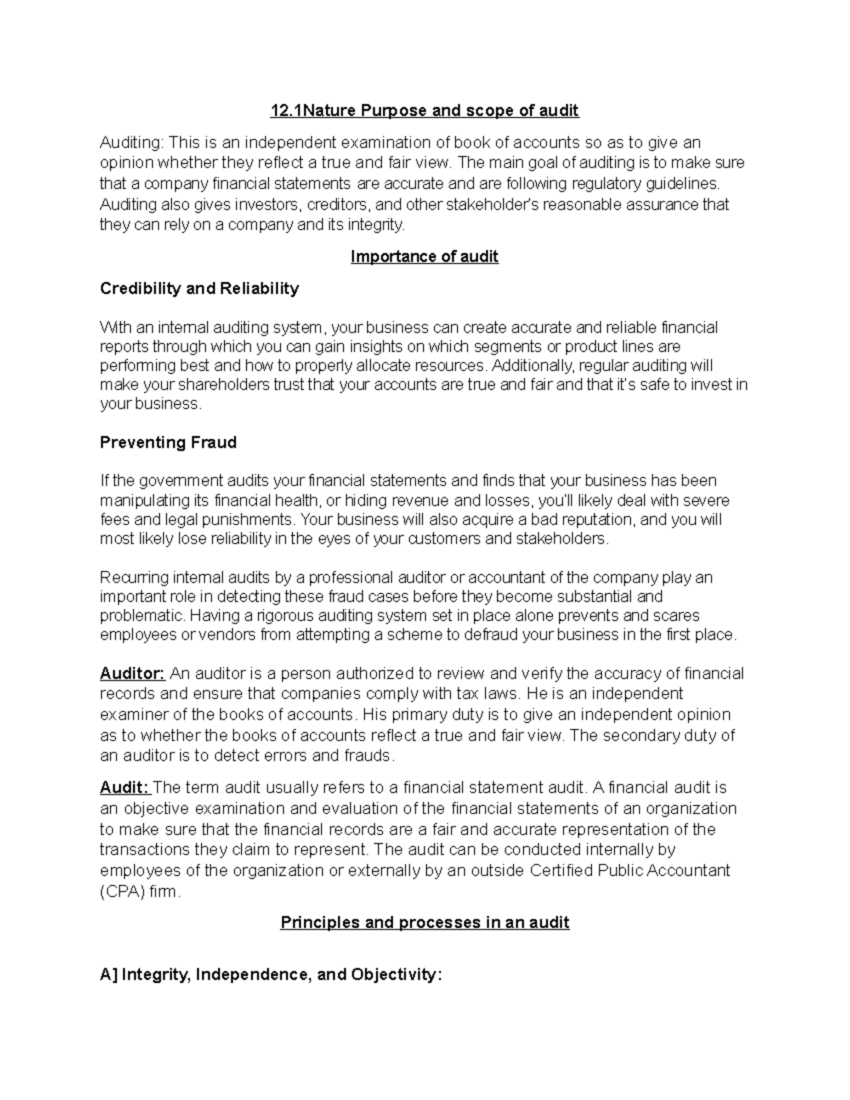 Audit Notes - good for the final year - 12 Purpose and scope of audit ...