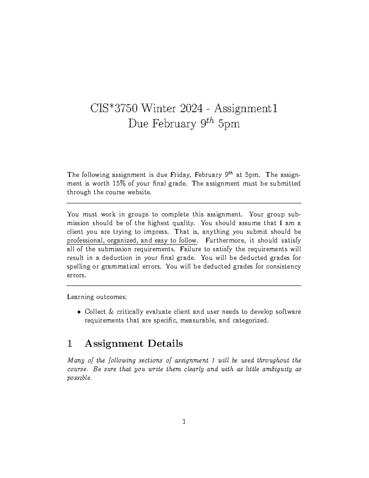 Assignment 1 - CIS*3750 Winter 2024 - Assignment Due February 9 th 5pm ...