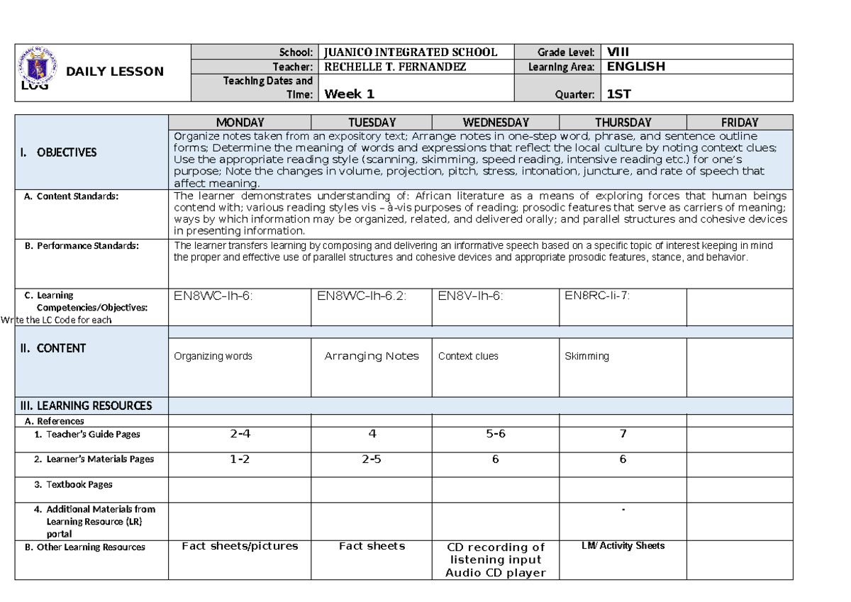 Dll 8-1 - dll - DAILY LESSON LOG School: JUANICO INTEGRATED SCHOOL ...