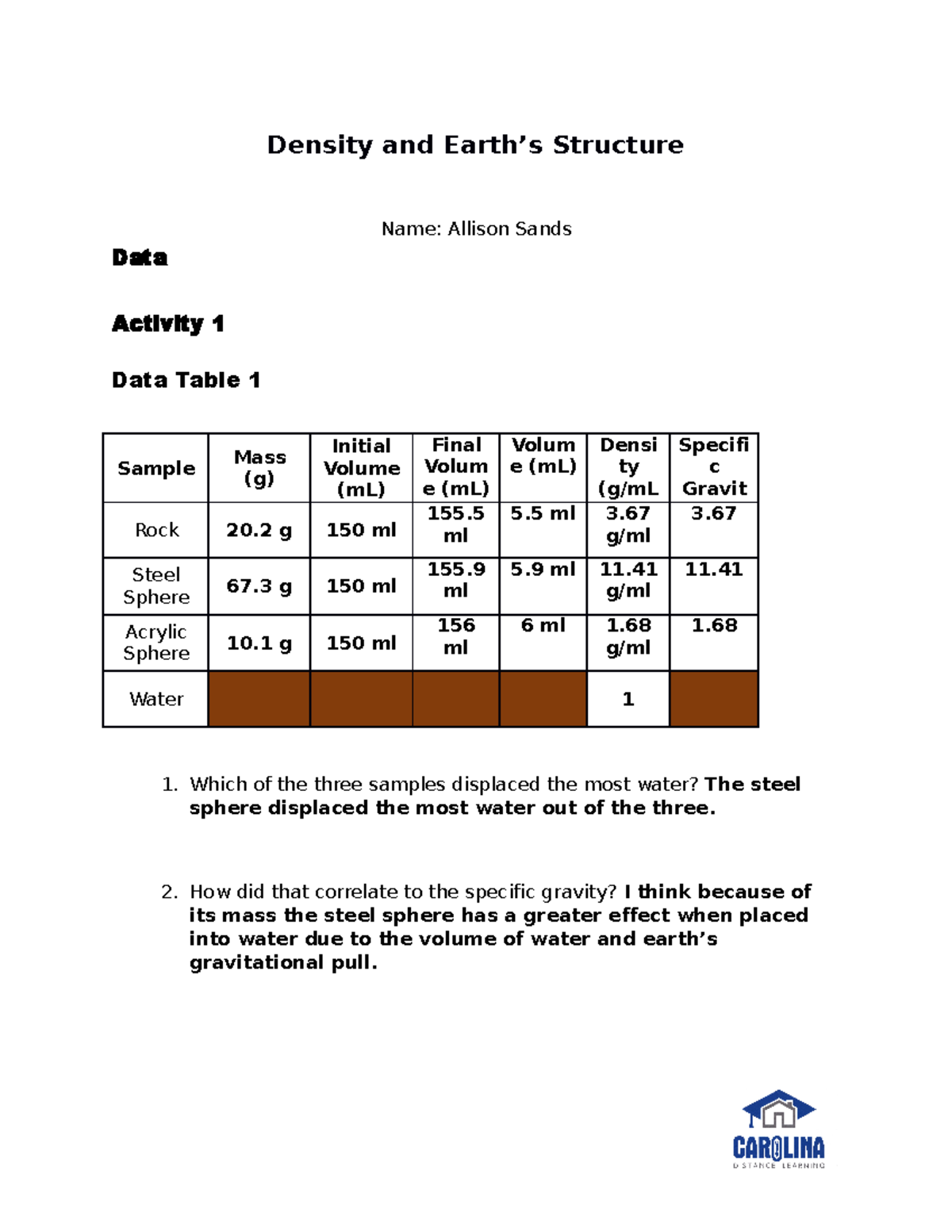 Lab 2 Density and Earth's Structure Report Form Rev 2023 - Density and ...