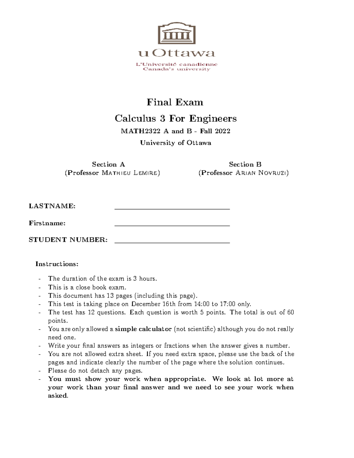 Final Exam 2024 Fall - Final Exam Calculus 3 For Engineers MATH2322 A ...