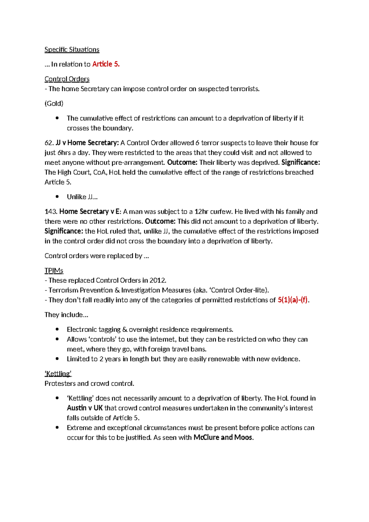 4) Specific Situations - .. In relation to Article 5. Control Orders ...