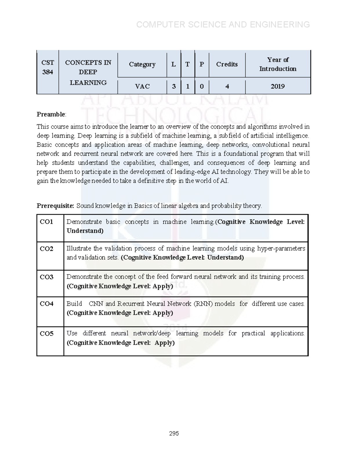 CST384 - Syllabus - Third year course - CST 384 CONCEPTS IN DEEP LEARNING Category L T P Credits ...