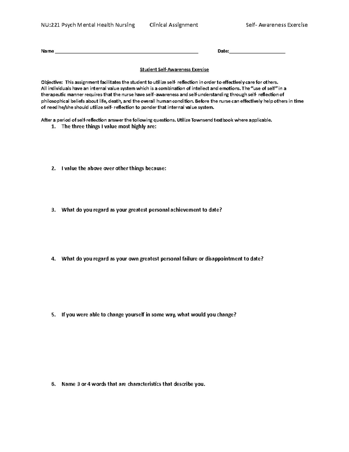 Clinical+ Assignment+Self+Awareness+Exercise - NU:221 Psych Mental ...