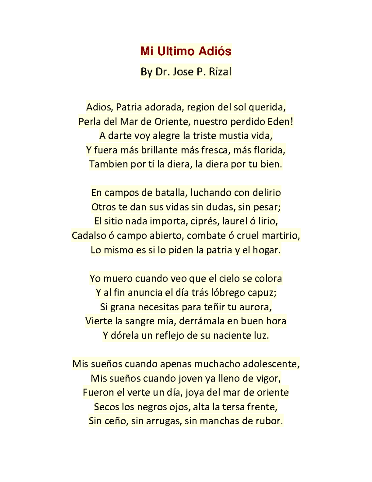 MI Ultimo Adios poem - Mi Ultimo Adiós By Dr. Jose P. Rizal Adios ...