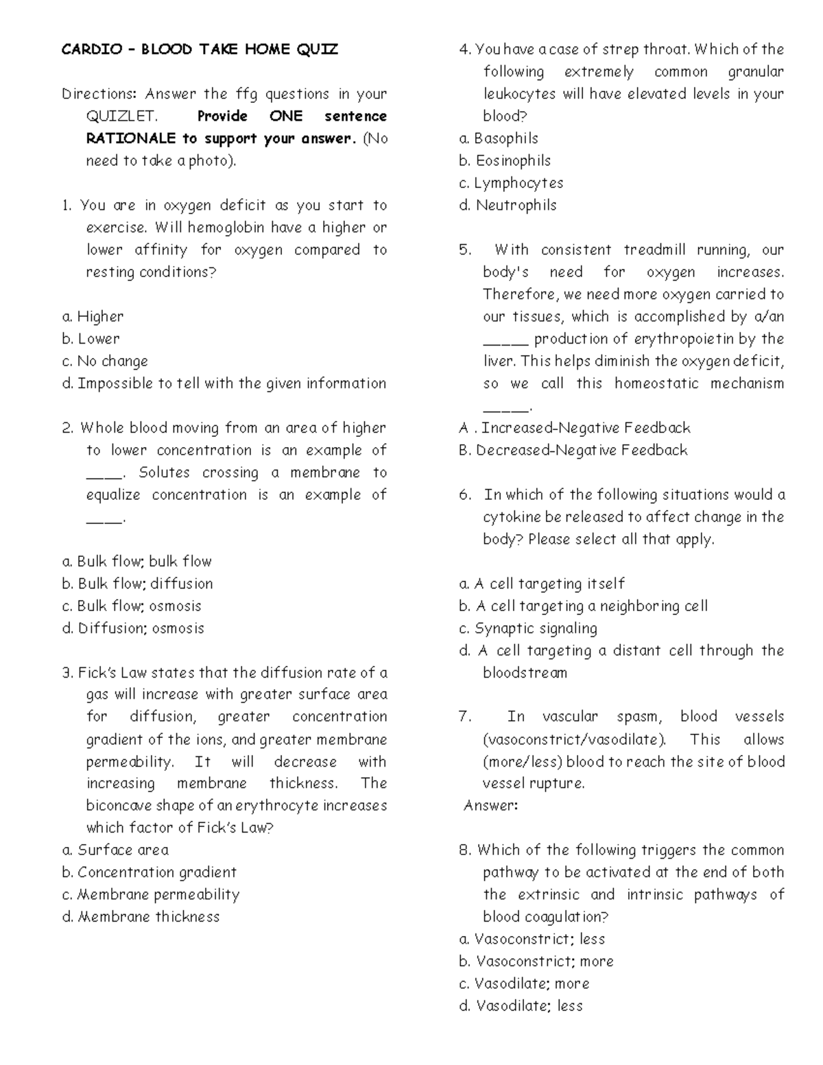 Blood - CARDIO – BLOOD TAKE HOME QUIZ Directions: Answer the ffg ...