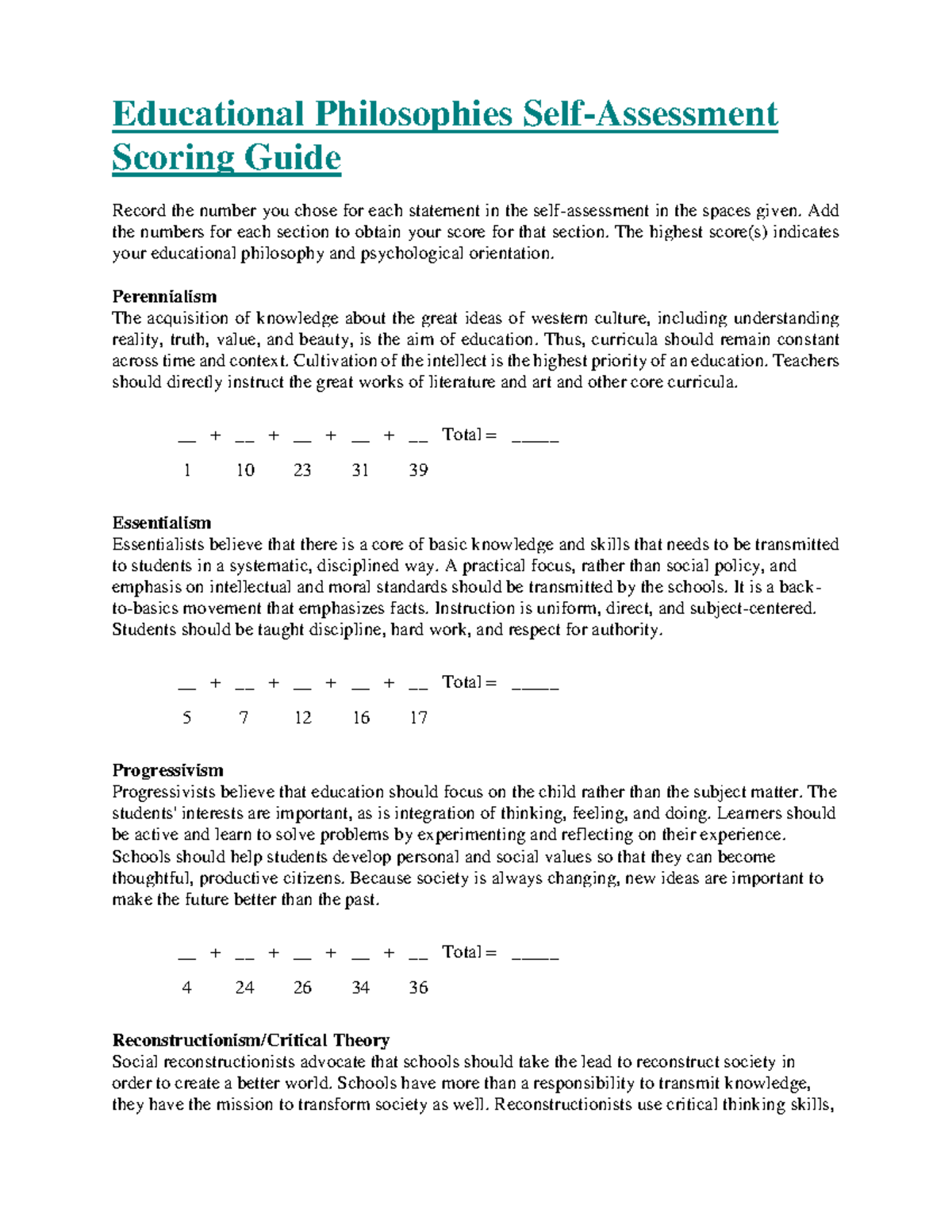 Self assessment scoring guide - Educational Philosophies Self ...