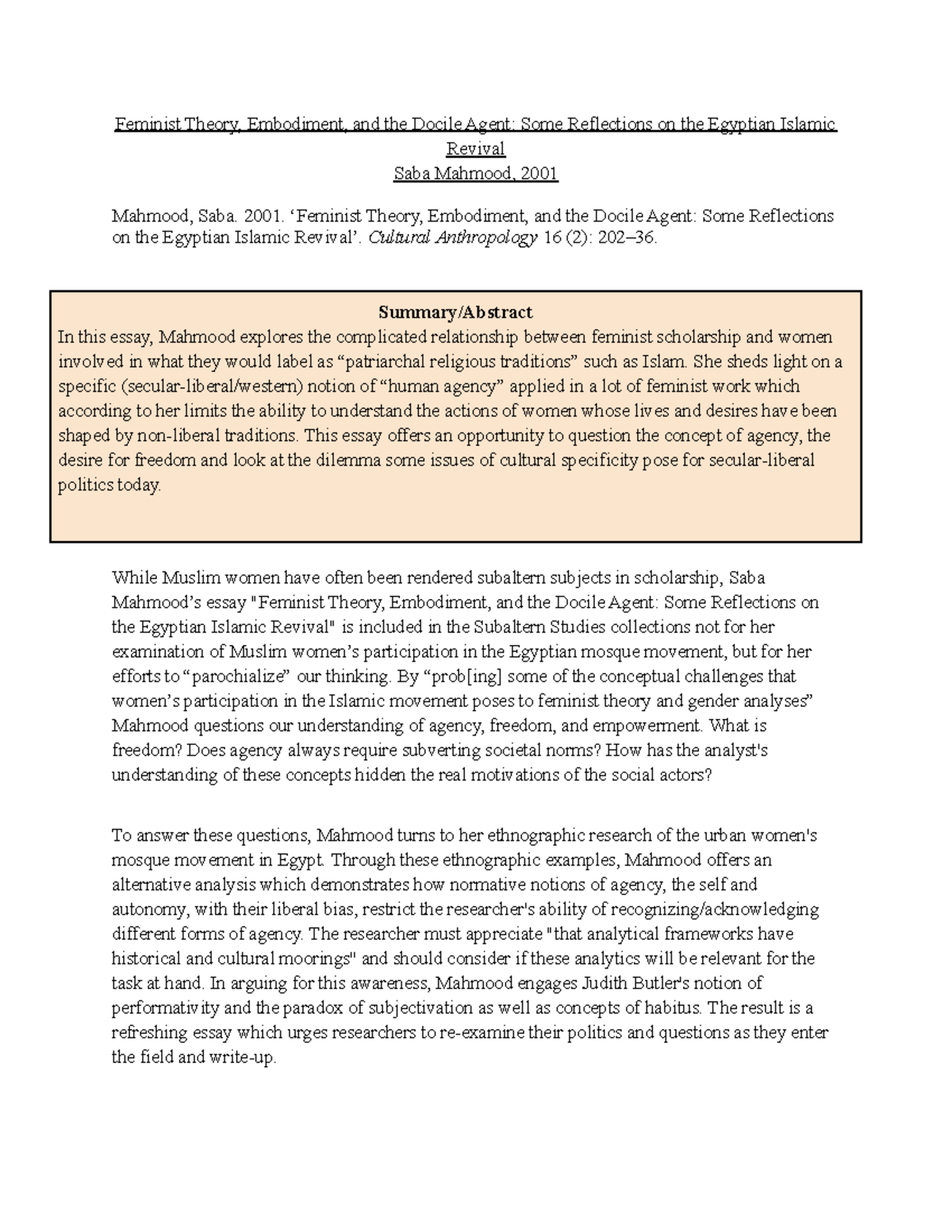 Class Questions + Reading Notes - Feminist Theory, Embodiment, and the ...