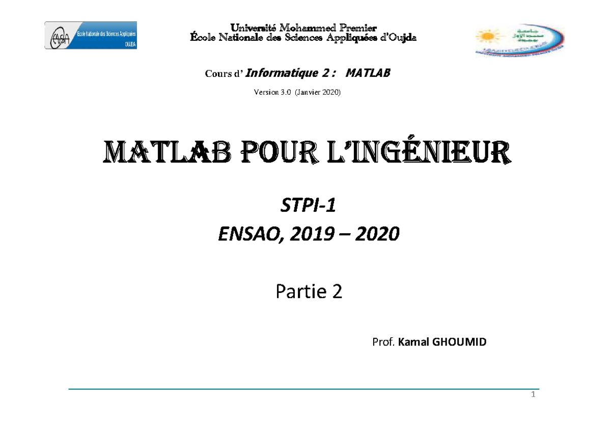 Partie 2 - Cours Matlab 19-20 V3 - - Studocu