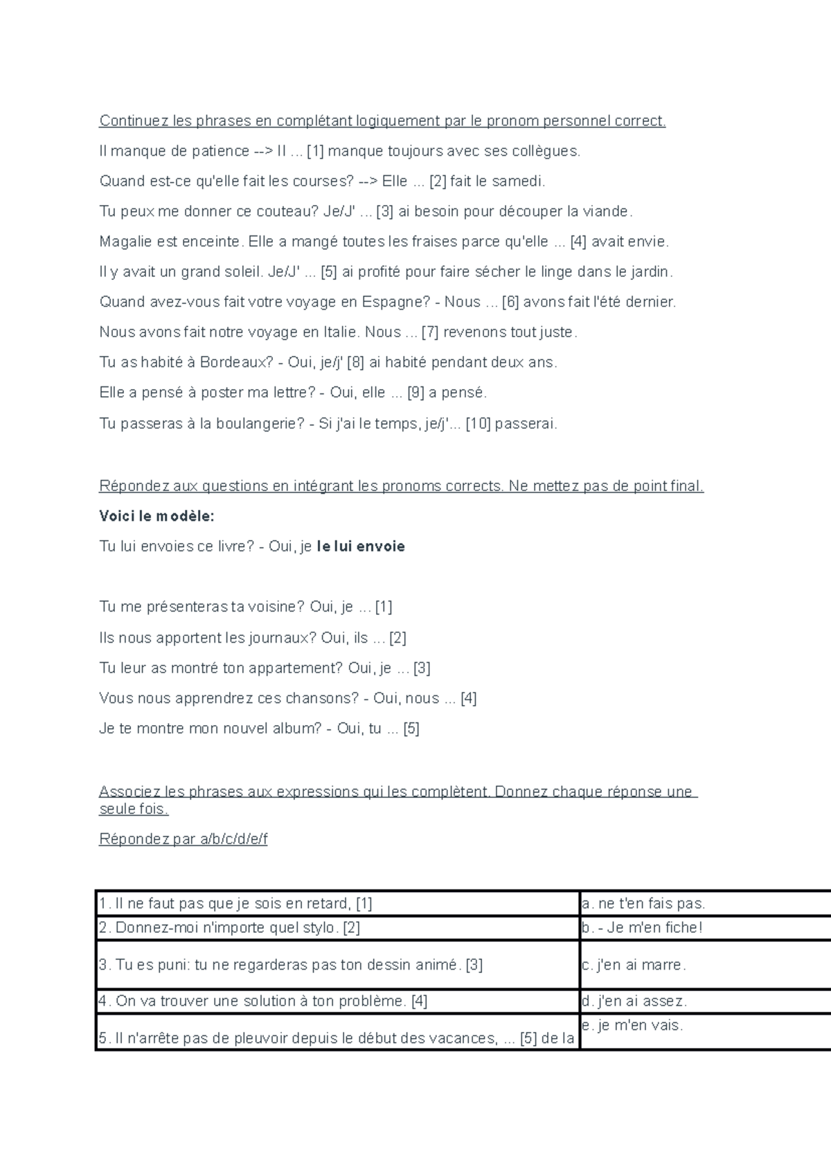 Test pronoms personnels - Continuez les phrases en complétant ...