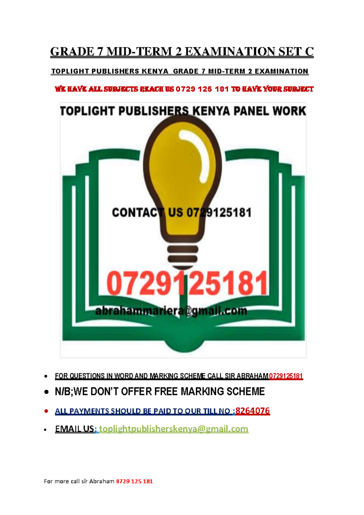 Grade 7 MID-TERM 2 Examination SET C - GRADE 7 MID-TERM 2 EXAMINATION SET C TOPLIGHT PUBLISHERS ...