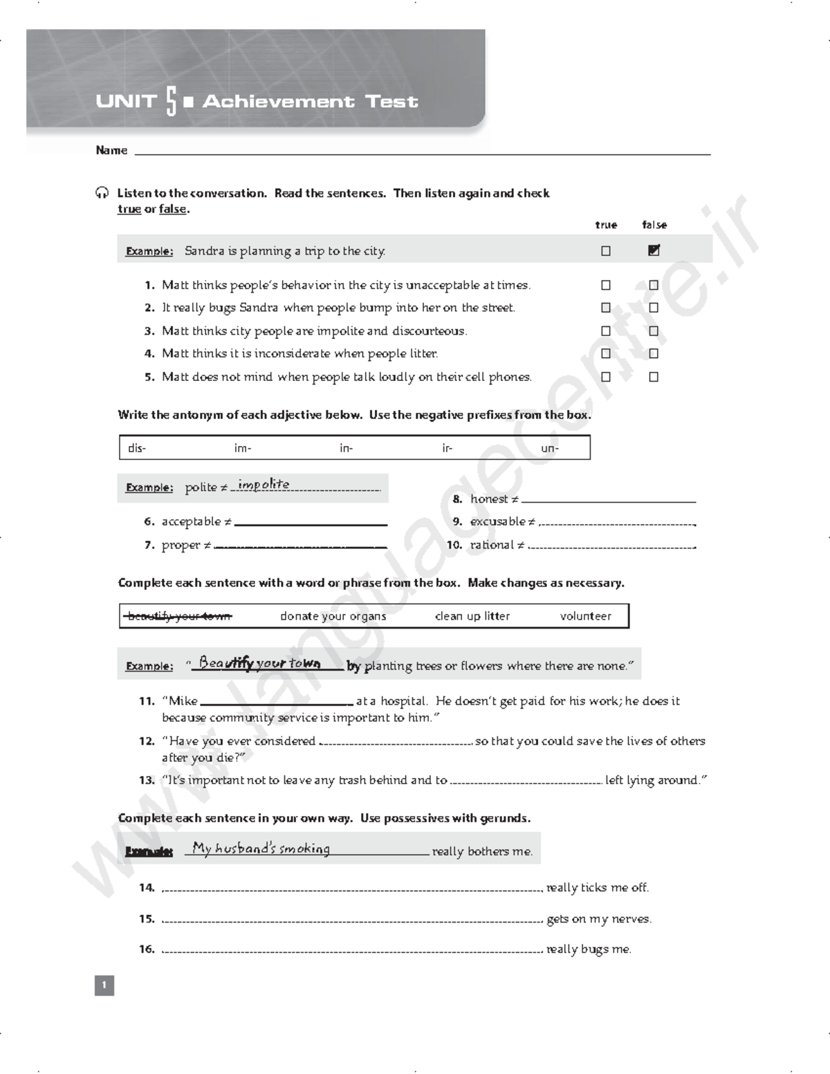 Summit 1 Unit 5 Test - Listen to the conversation. Read the sentences ...