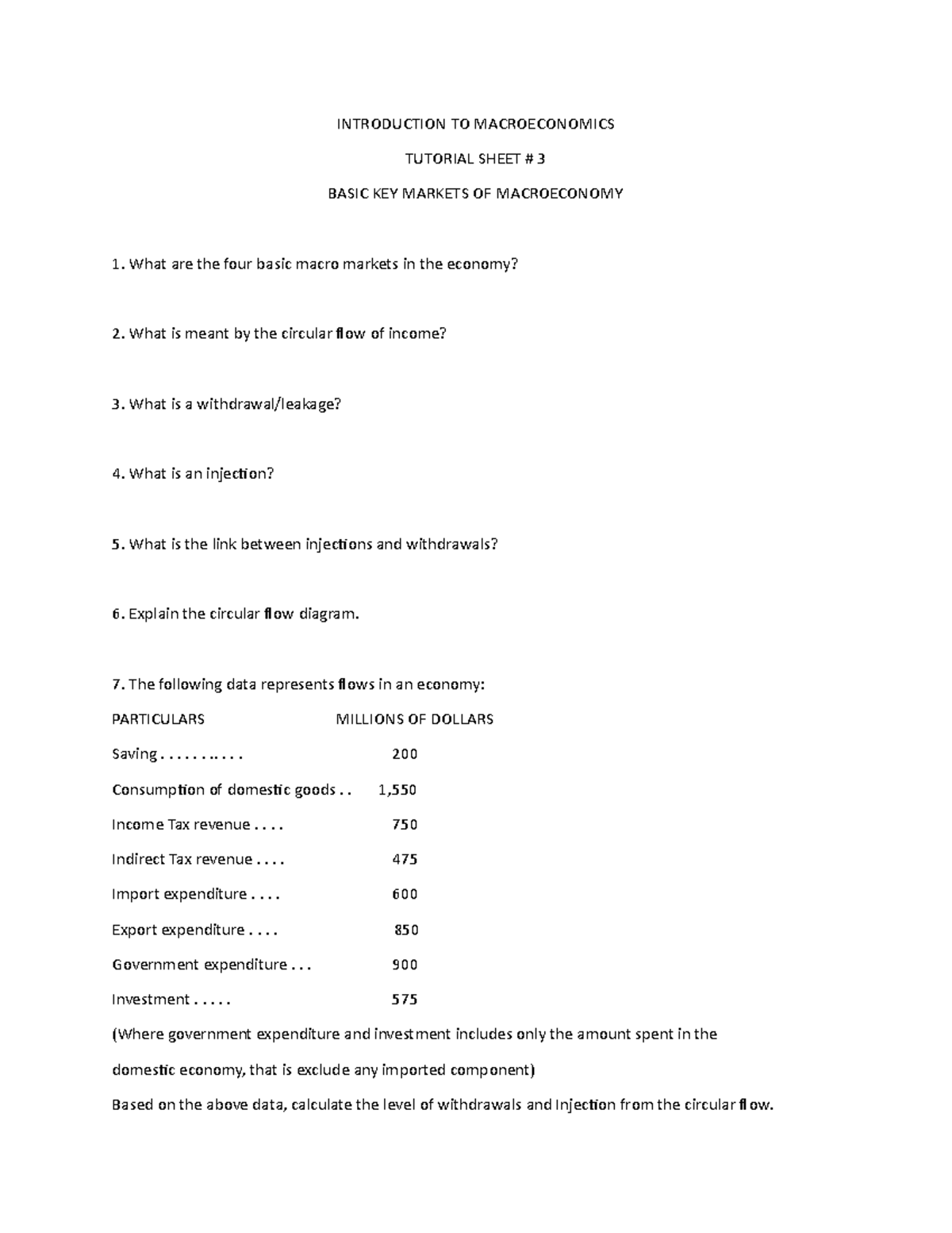 Tutorial Sheet # 3 - practice paper - INTRODUCTION TO MACROECONOMICS ...