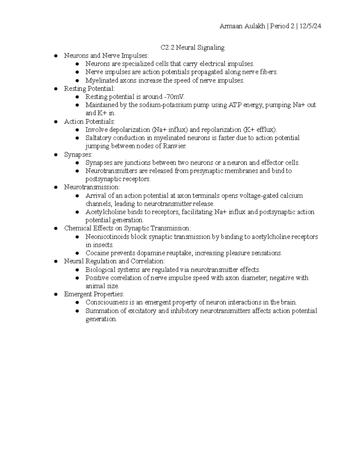C2.2 Neural Signalling Notes - Armaan Aulakh | Period 2 | 12/5/ C2 ...