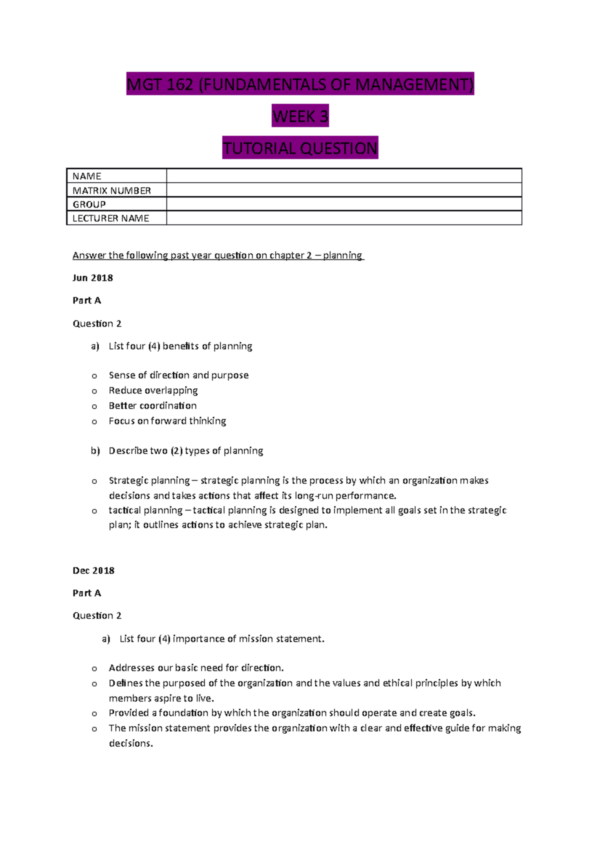 MGT 162 - practice material, goodluck - MGT 162 (FUNDAMENTALS OF ...