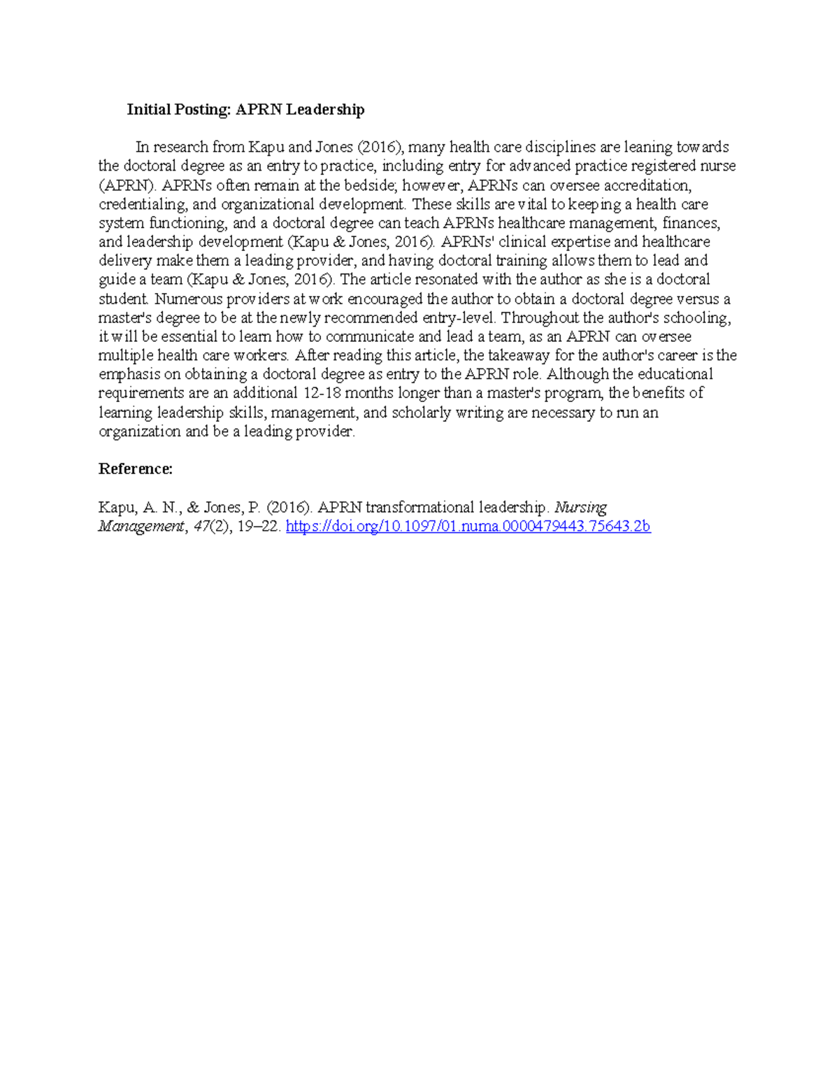 Initial Posting - Notes on discussion post - Initial Posting: APRN ...