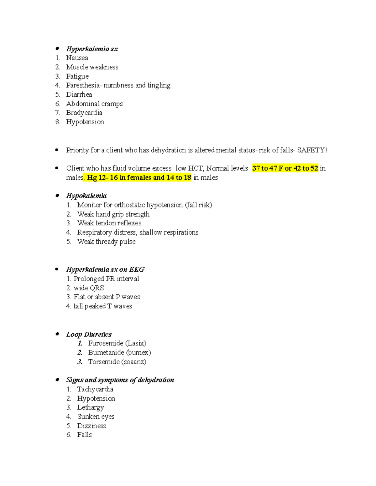 Comprehensive RVW - FLUIDS AND ELECTROLYTES - Hyperkalemia sx Nausea ...