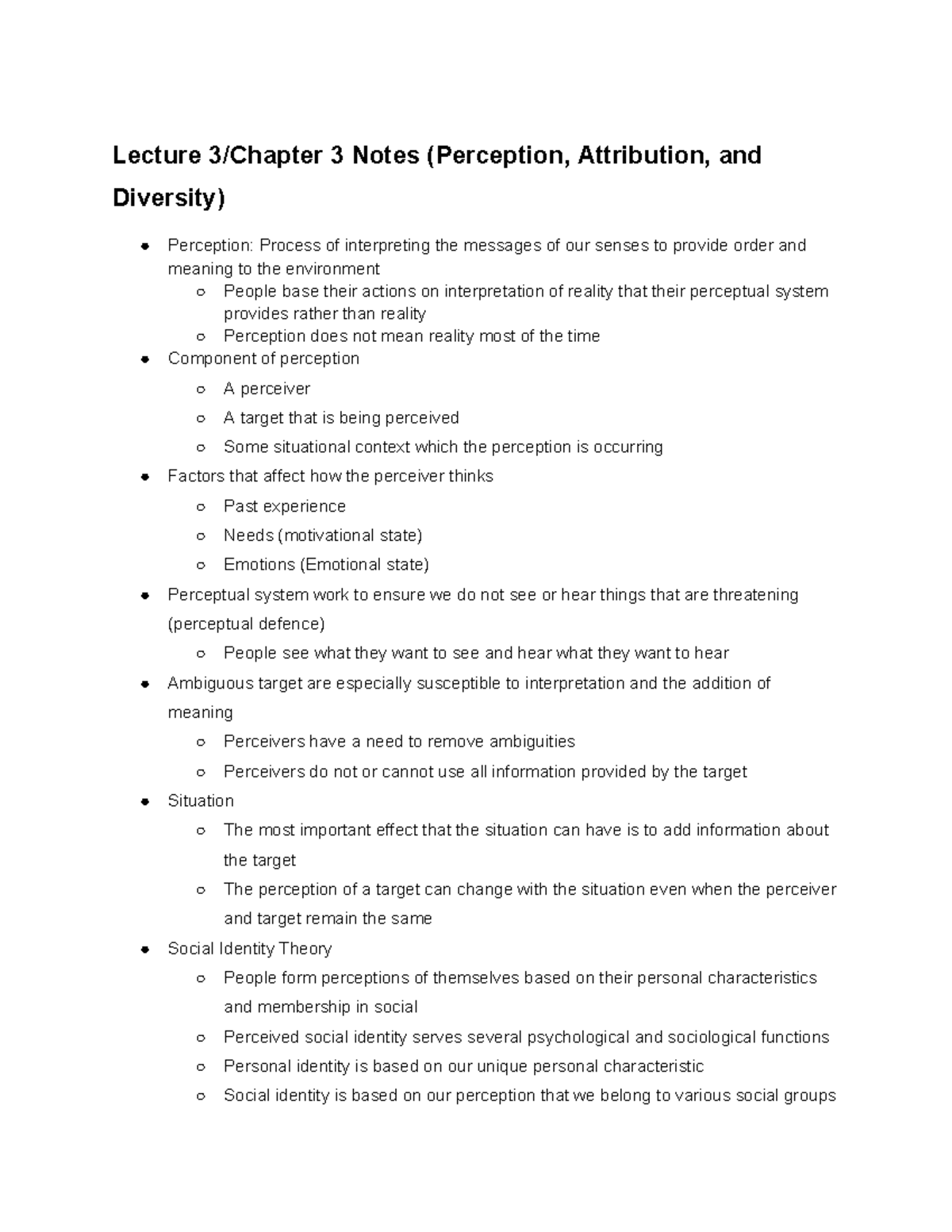 Chapter 3 notes - Lecture 3/Chapter 3 Notes (Perception, Attribution ...