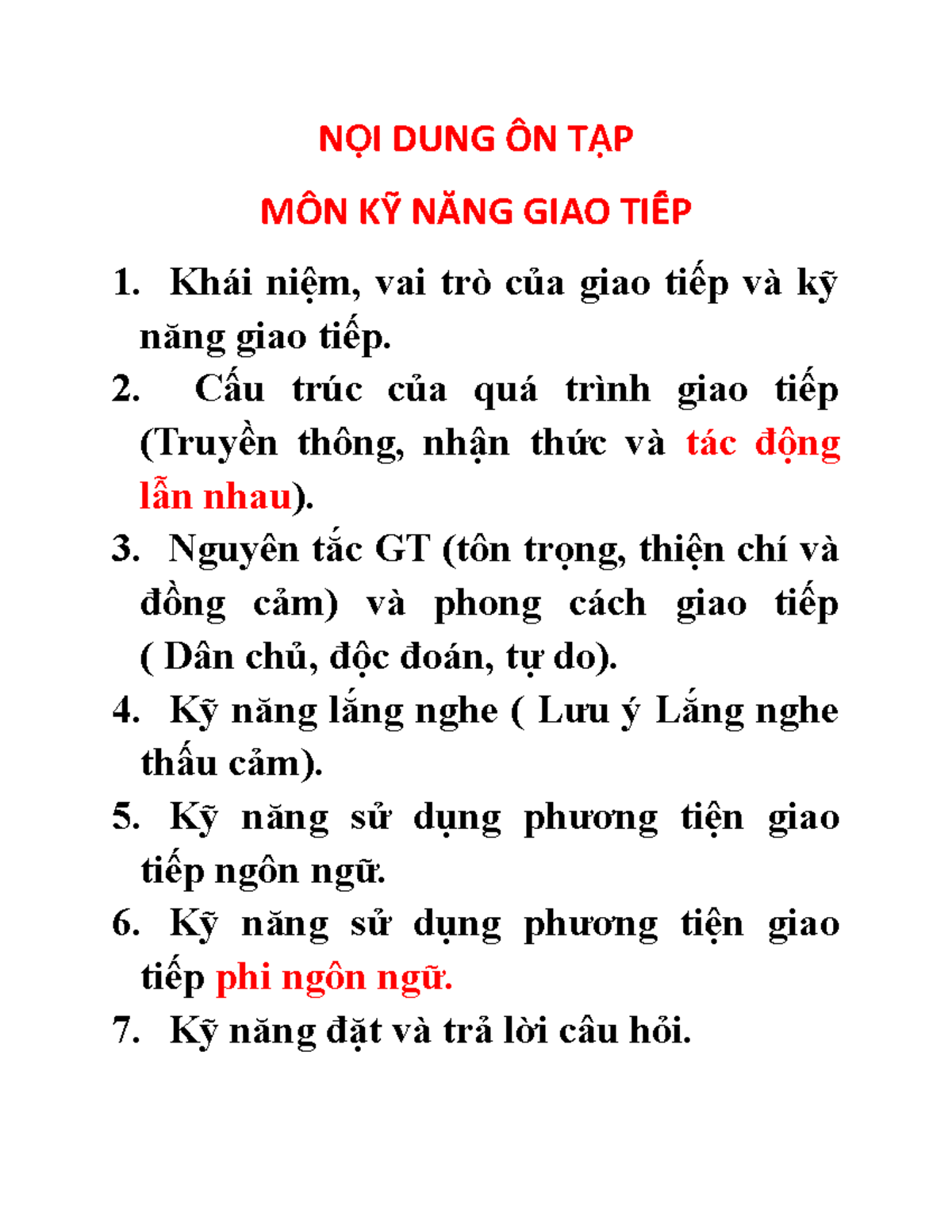 NỘI DUNG ÔN TẬP MÔN KỸ NĂNG GIAO TIẾP HK1- 2019-2020 - N ỘI DUNG ÔN T ẬP MÔN KỸỸ NĂNG GIAO TIẾẾP ...