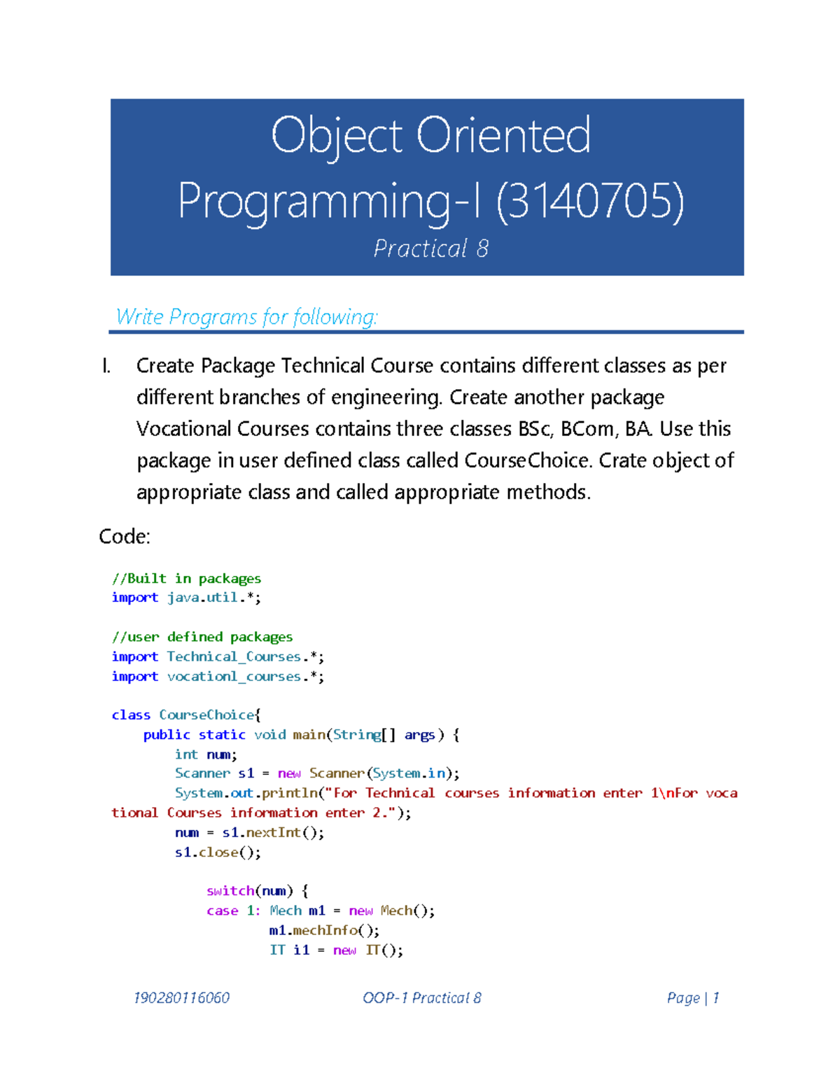 190280116060 Pr8 - Create a Package and put all the classes mentioned ...
