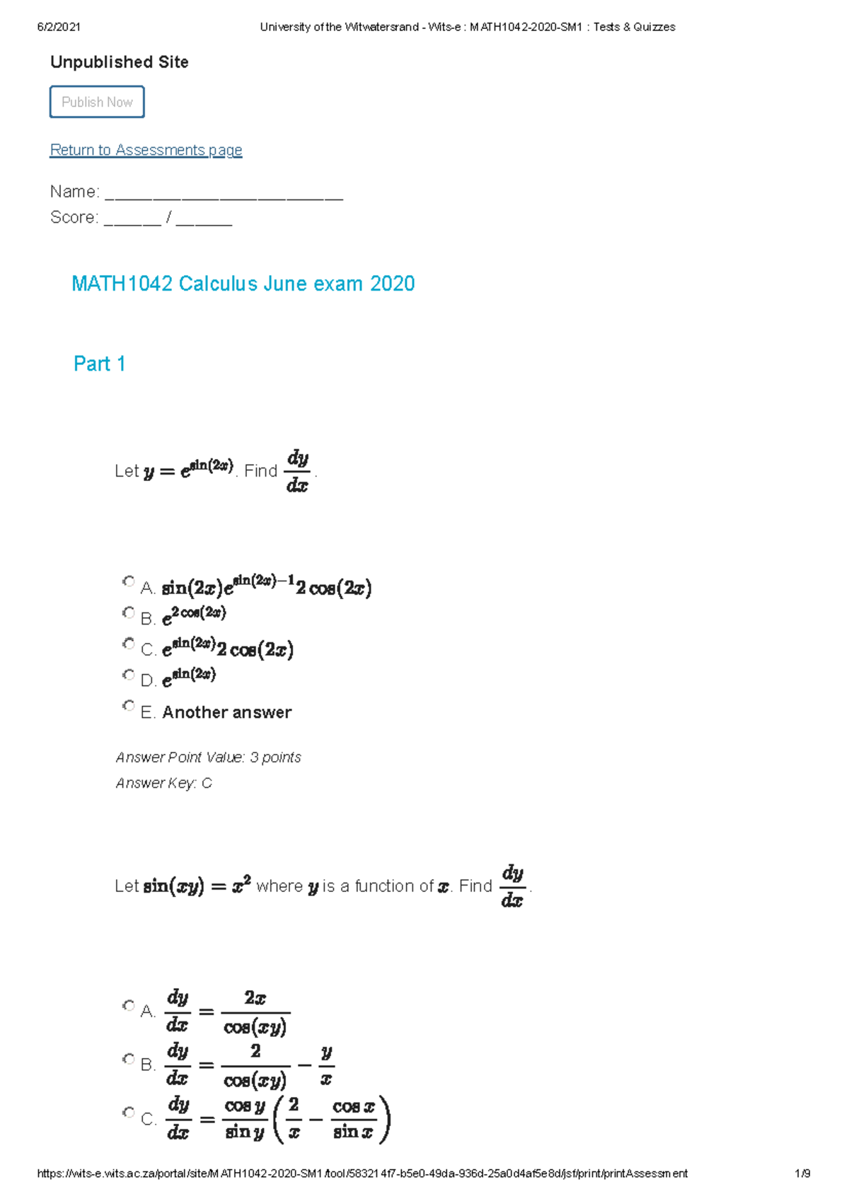 Calculus June 2020 exam - Unpublished Site Publish Now Return to ...