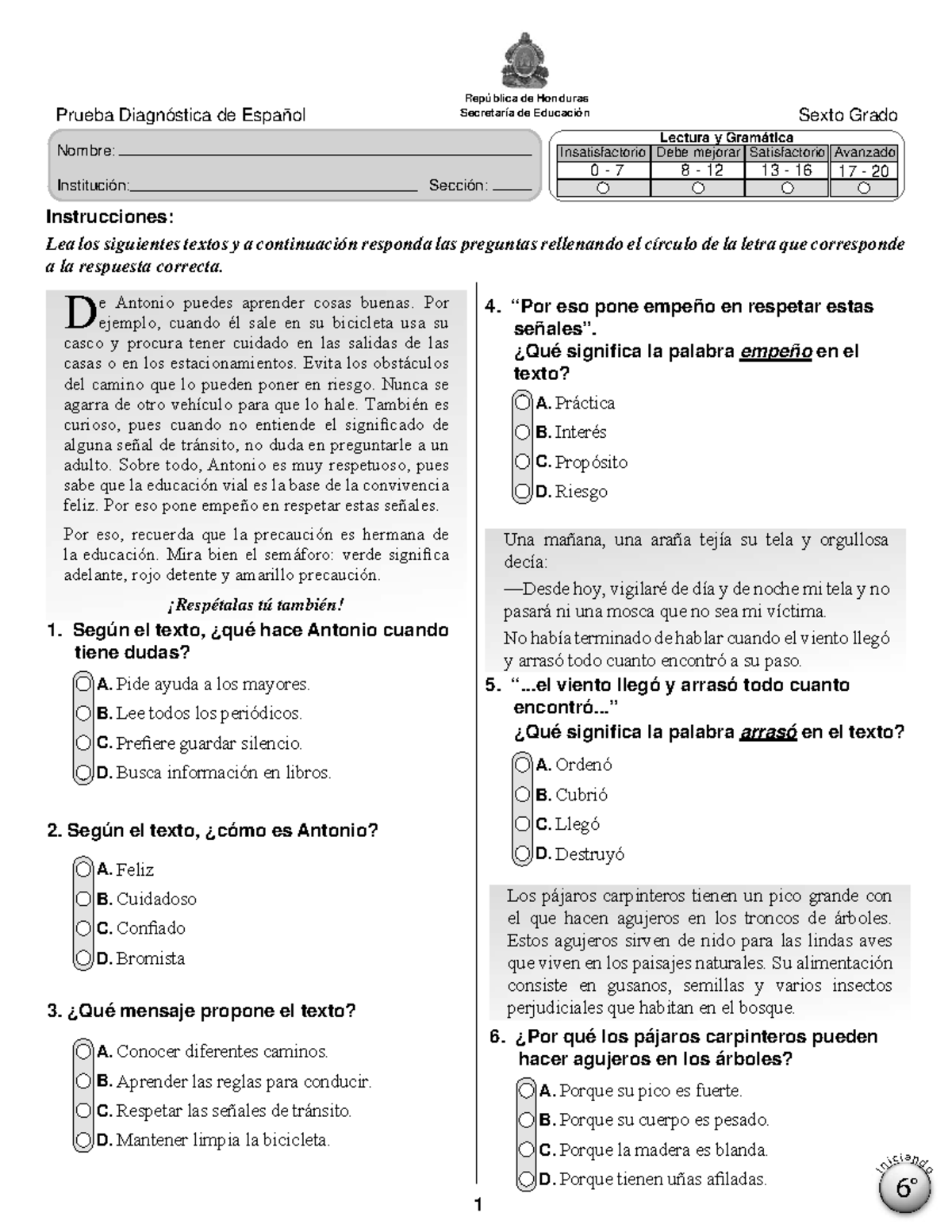 Prueba Diagnóstica de Español de 6° Grado - A. Pide ayuda a los mayores ...
