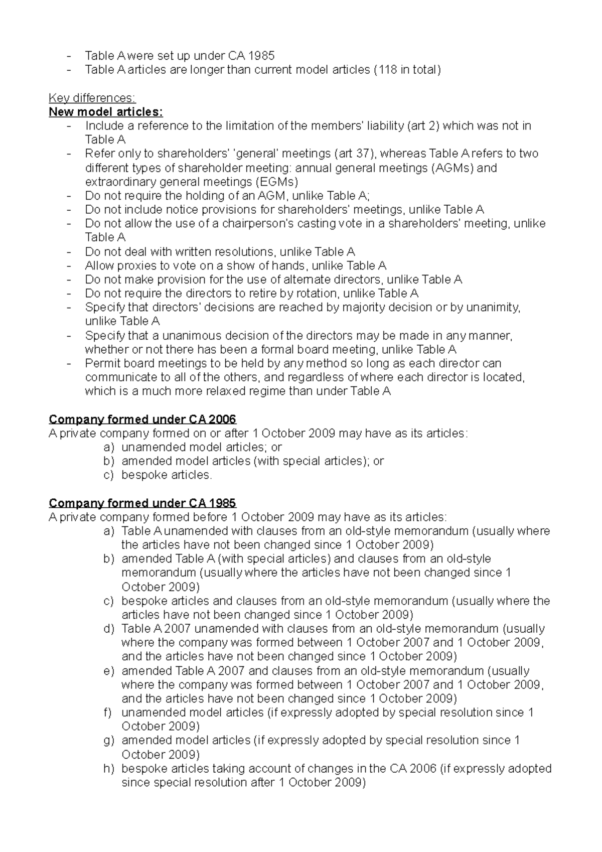 Model Articles VS Table A - Table A were set up under CA 1985 Table A ...