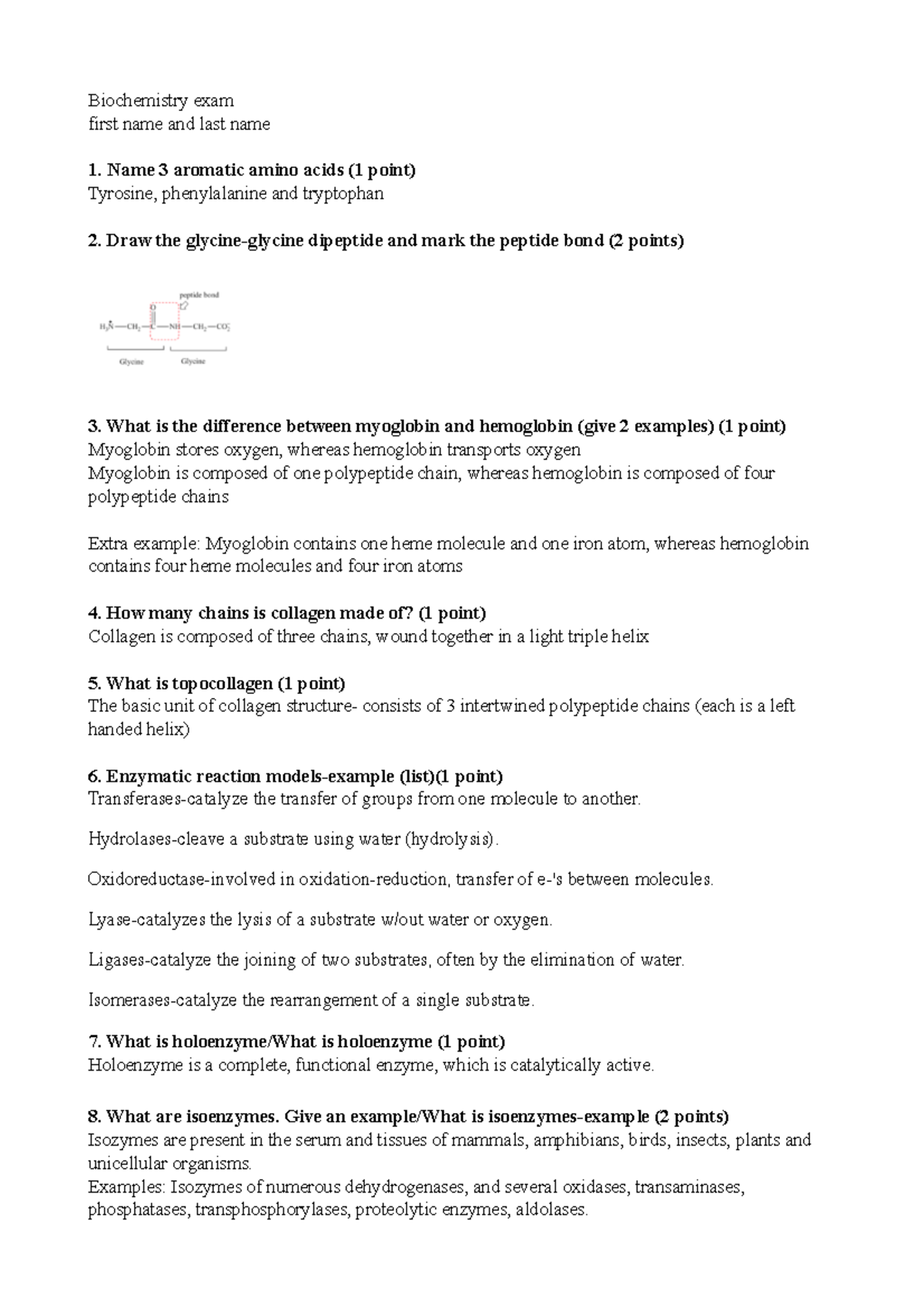 Biochemestry EXAM Sample Questions - Biochemistry exam first name and ...