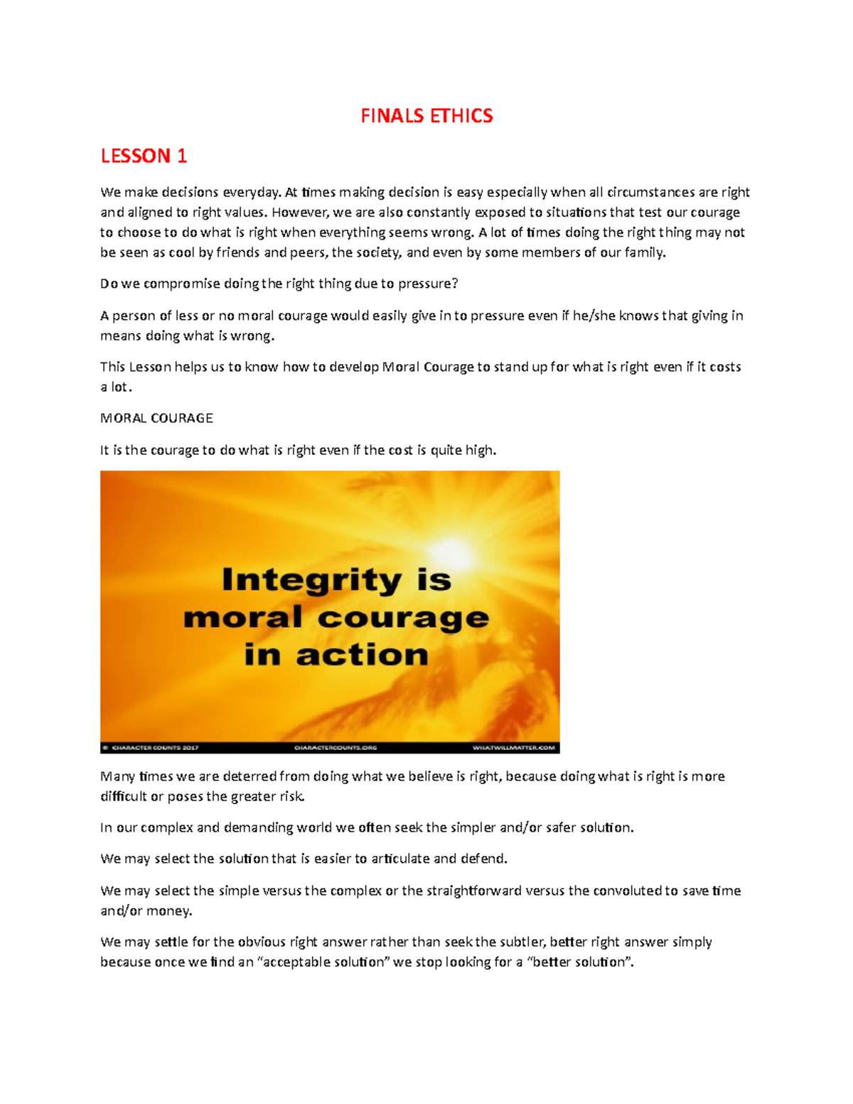 Finals Ethics - Study lang! - FINALS ETHICS LESSON 1 We make decisions ...