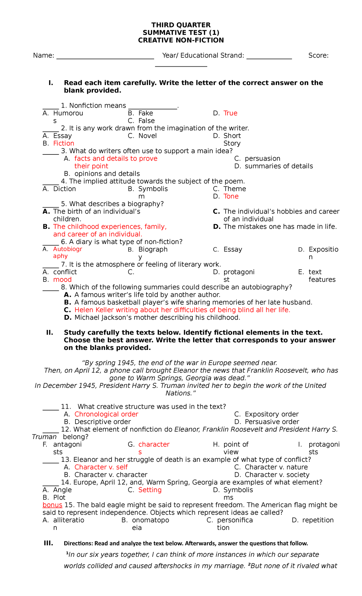 CNF3rd Summative - Creative Non-fiction quarterly examination for the ...