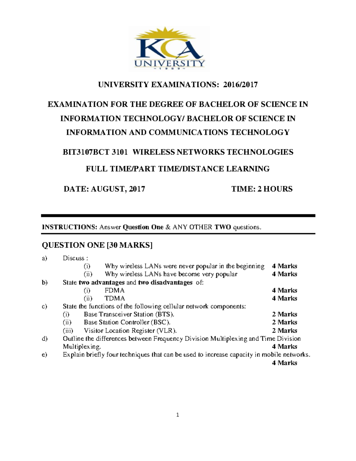BIT3107BCT 3101 Wireless Networks Technologies - 1 UNIVERSITY ...