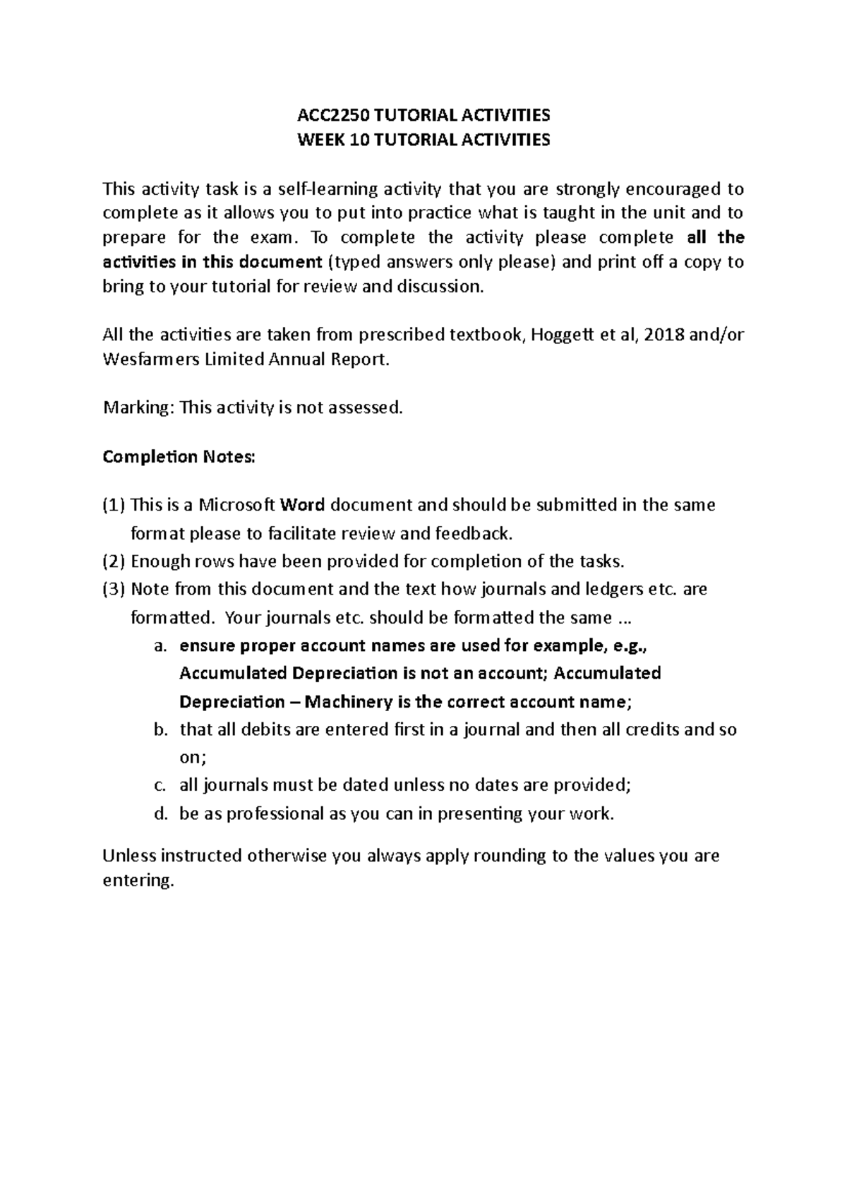 Week 10 Solution - ACC2250 TUTORIAL ACTIVITIES WEEK 10 TUTORIAL ...