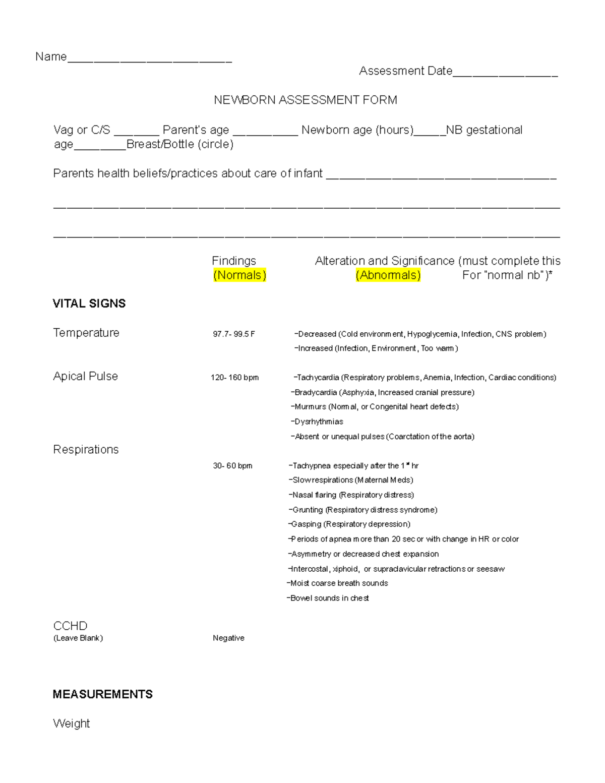 New born assessment practice form - Name ...