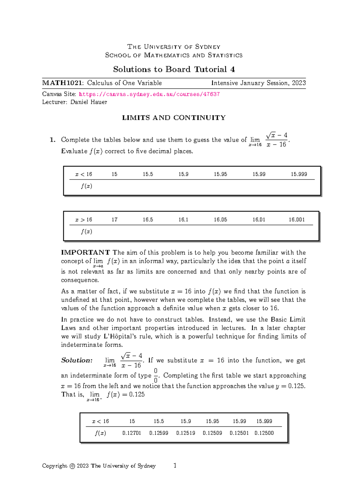 Tutorial Worksheet 4 Solutions - The University of Sydney School of ...