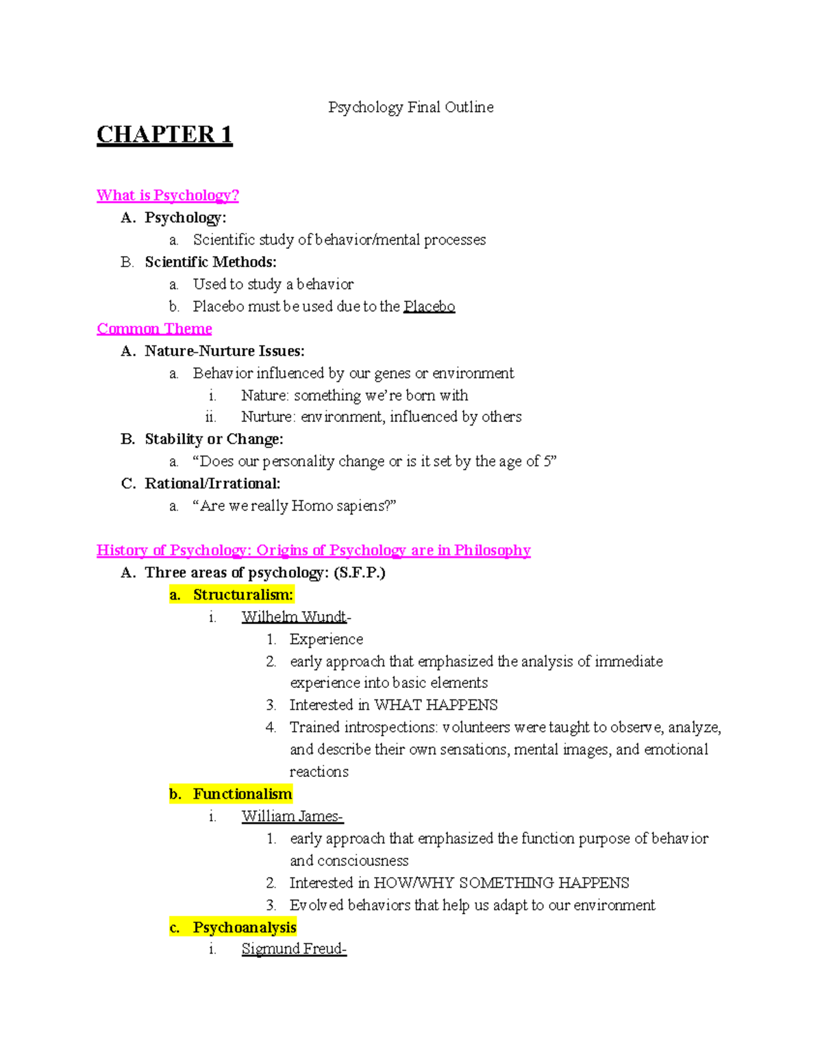 Psychology Final Outline - Psychology Final Outline CHAPTER 1 What is ...