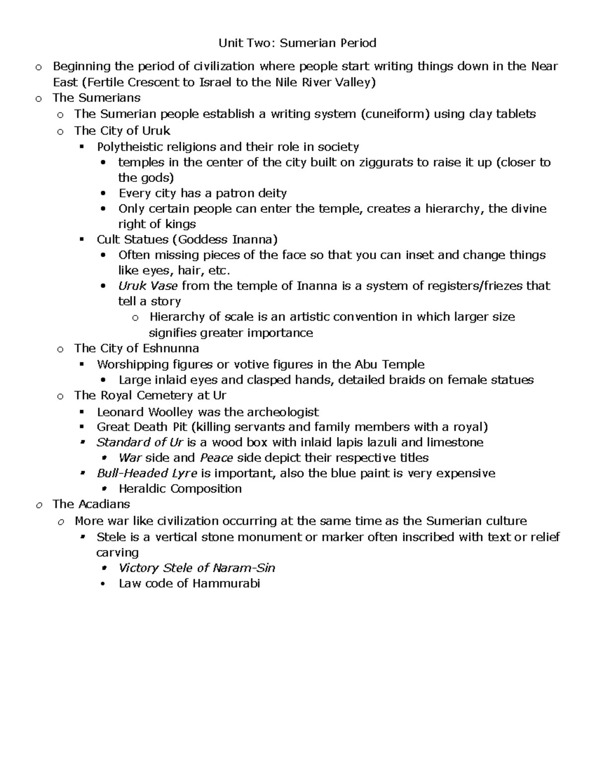 Unit Two Notes - Unit Two: Sumerian Period o Beginning the period of ...