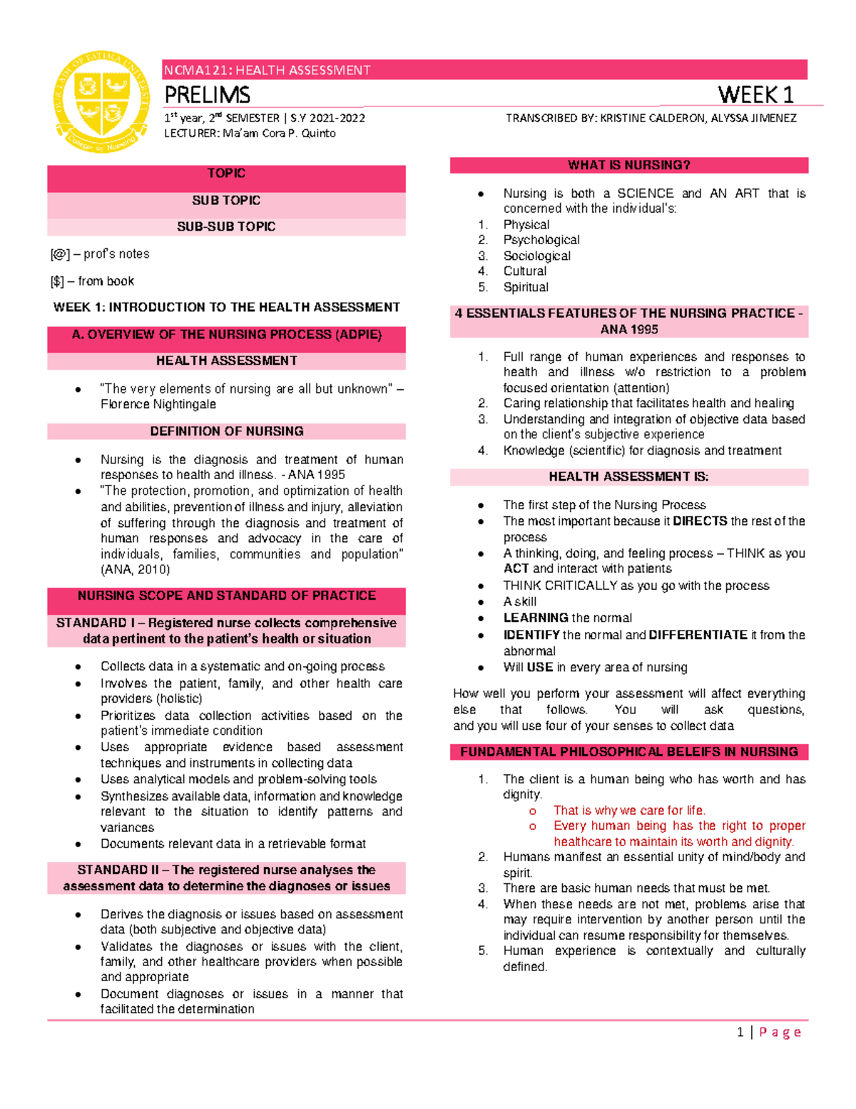 A. Overview OF THE Nursing Process ( Adpie) - 1 | P a g e TOPIC SUB ...