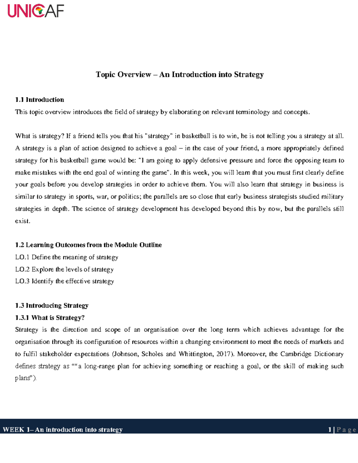 Week 1 - Topic Overview - Managing Strategy, operations and ...
