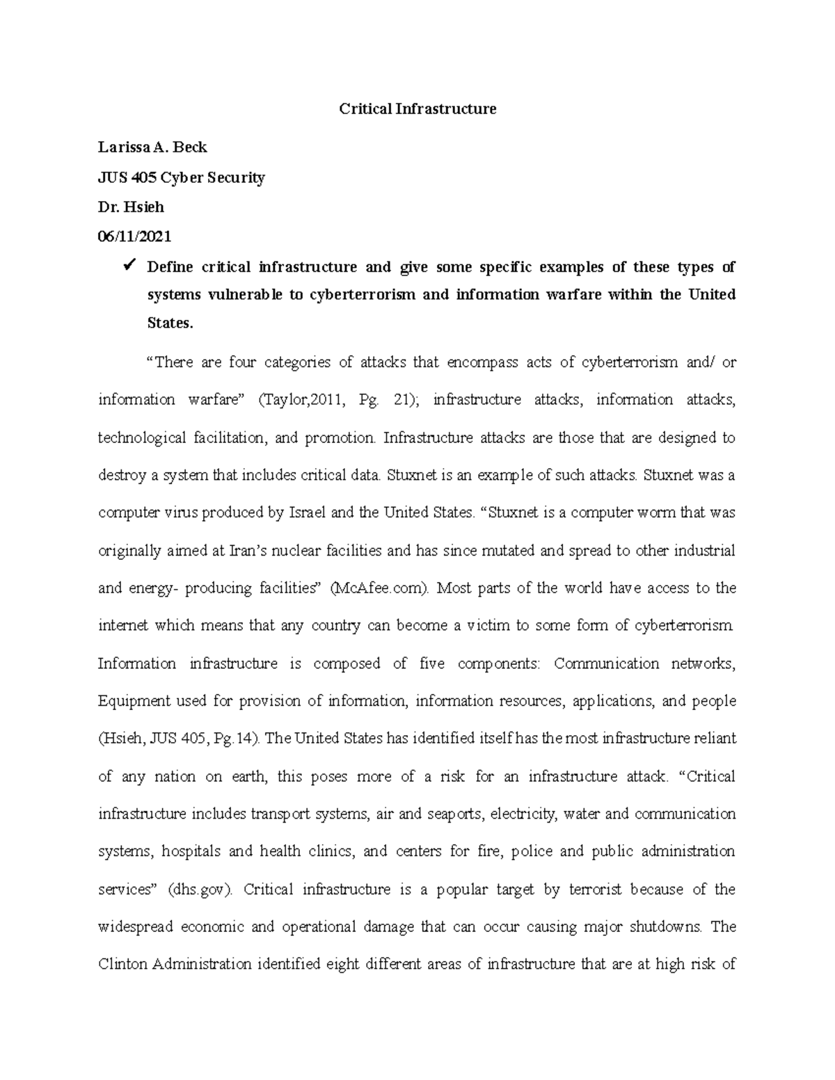 Cyber Security Assignment #1 - Critical Infrastructure Larissa A. Beck ...