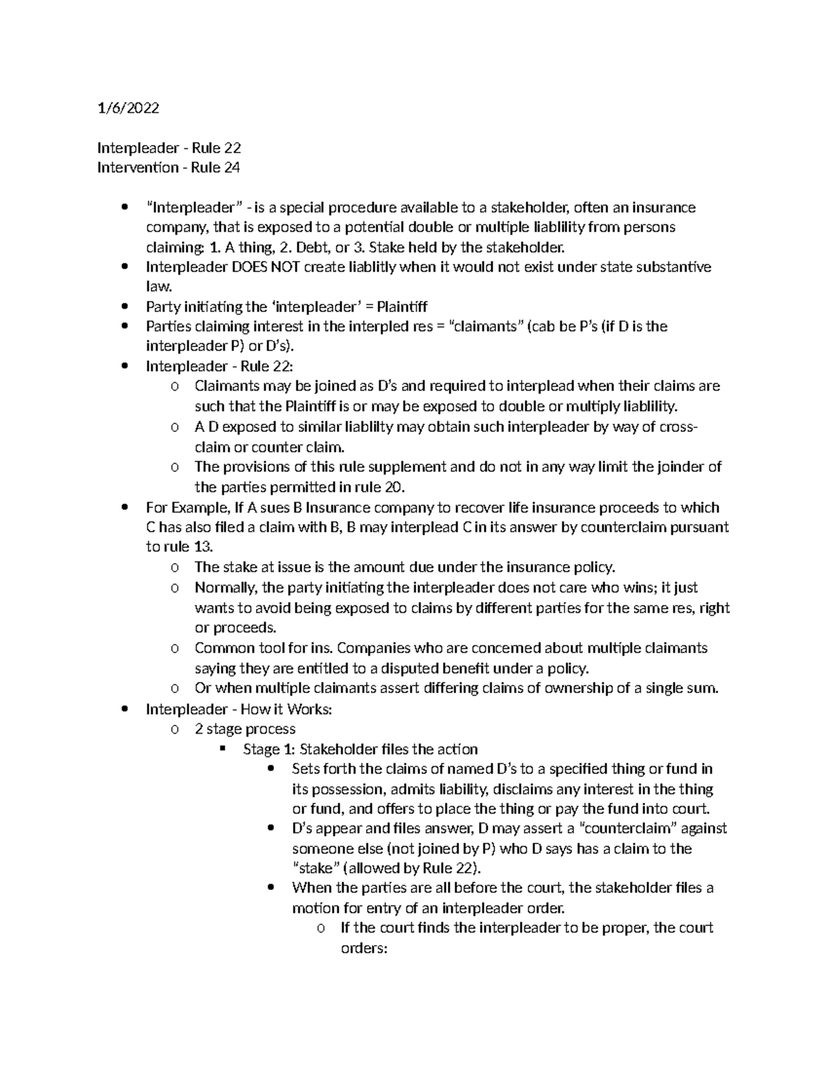 Federal Rules of Civil Procedure Outline 2.docx - 1/6/ Interpleader ...