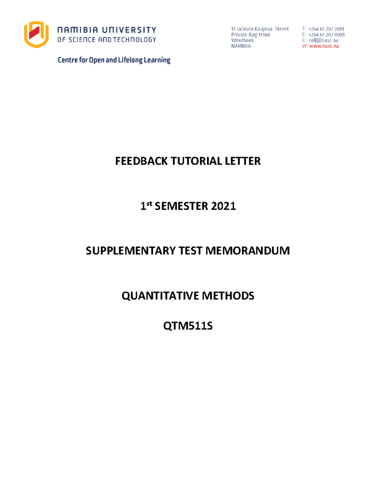 QTM Supplementary TEST OF 19 JUNE 2021 Memorandum - FEEDBACK TUTORIAL ...