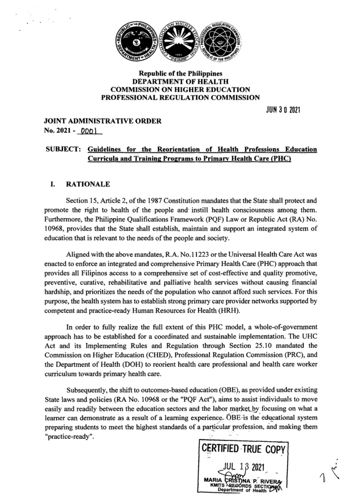 DOH CHED PRC Joint Administrative Order No 2021 0001 - Republic of the ...
