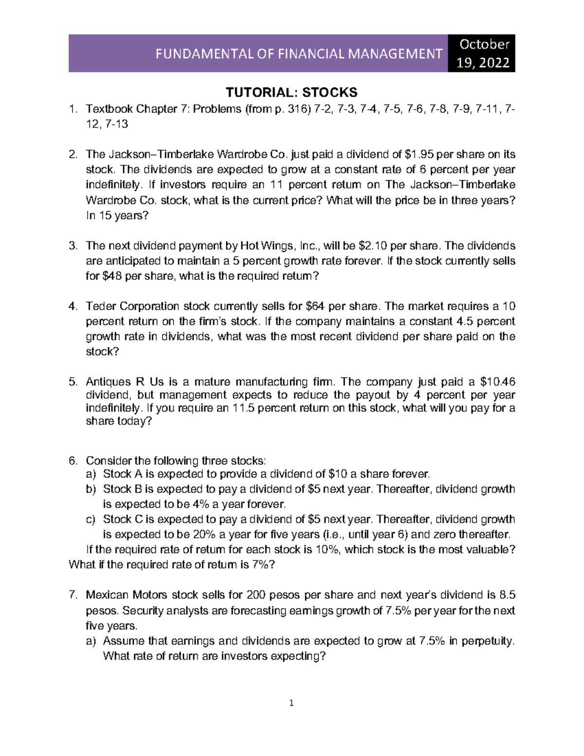 Tutorial 3 - HOMEWORK - FUNDAMENTAL OF FINANCIAL MANAGEMENT October 19 ...