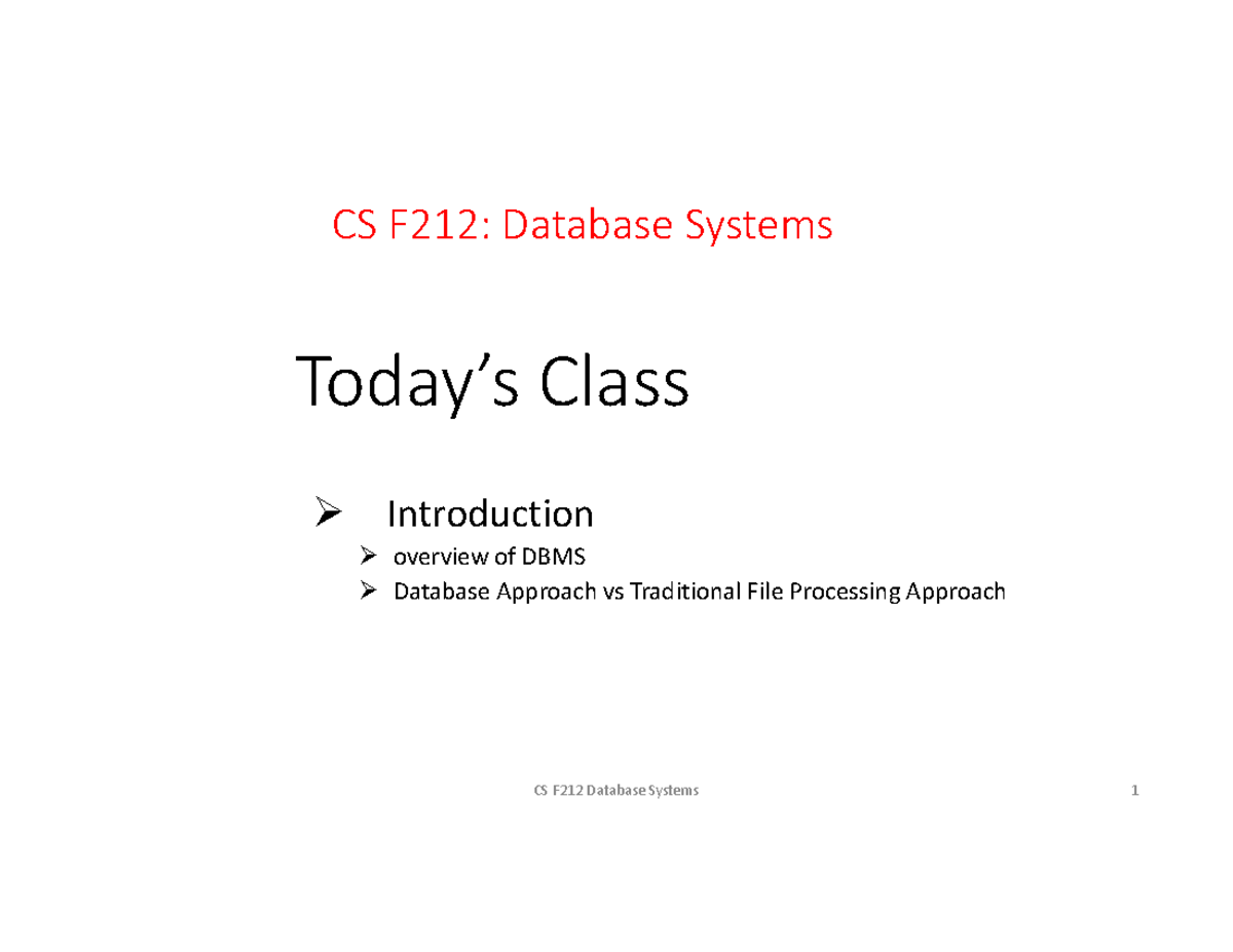 BITS Pilani DBS Lecture Slides - Class 2 - CS F212: Database Systems ...