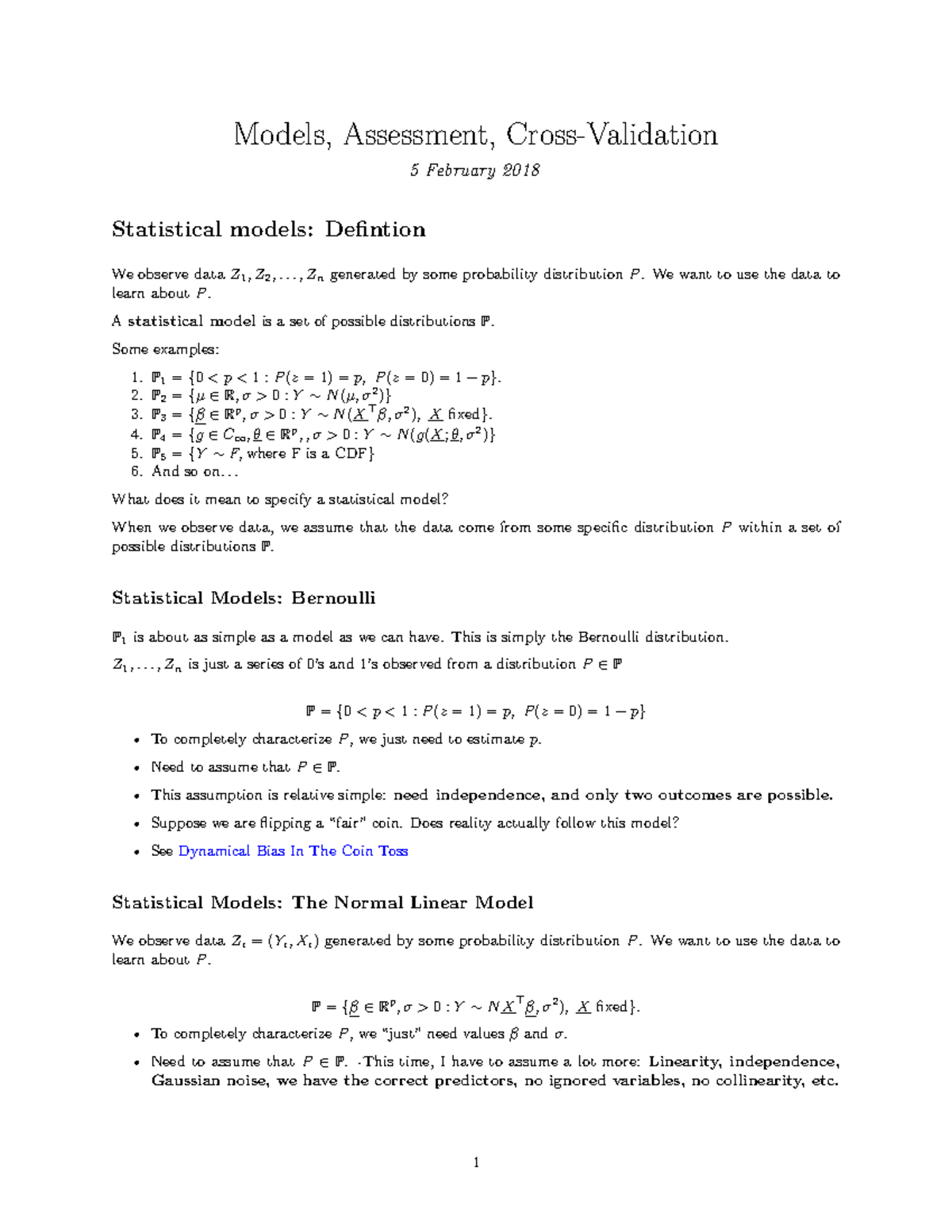 Lec06 - Lecture notes on stats modeling - Models, Assessment, Cross ...