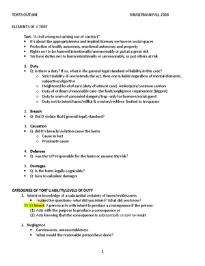 Torts Outline - Prof Satnick - Torts Outline Intentional Torts and ...