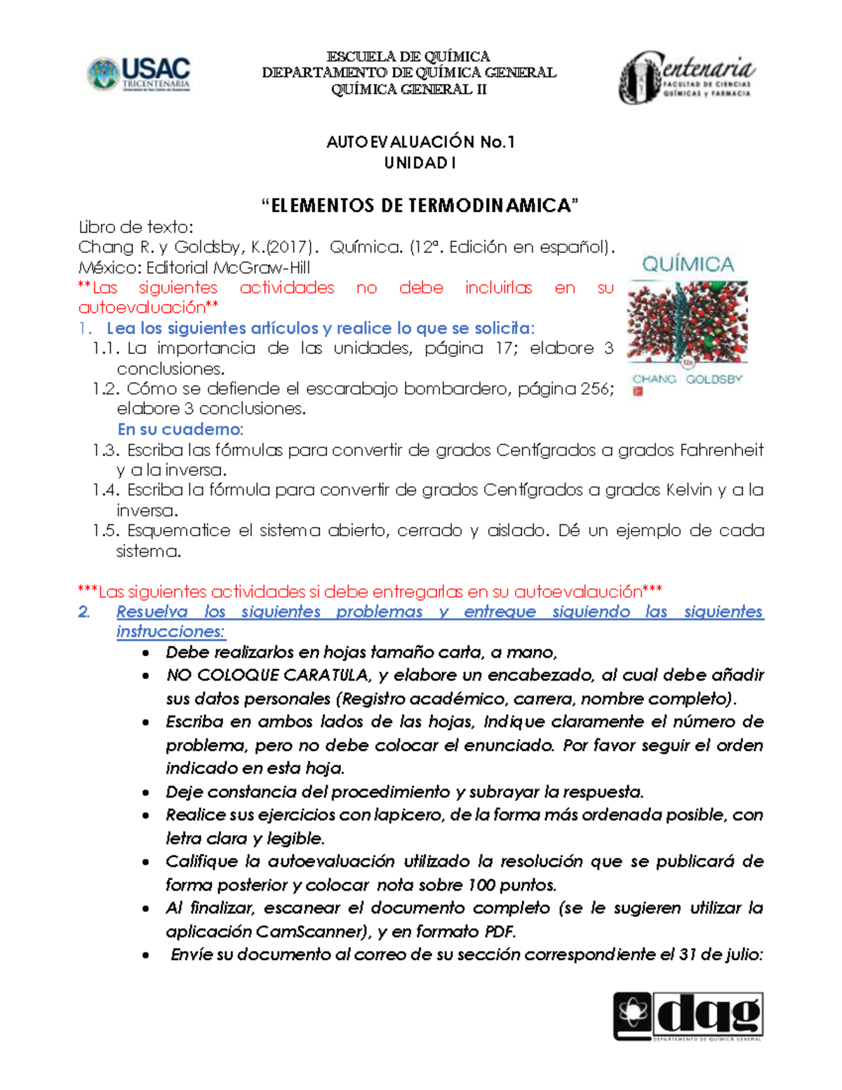 Autoevaluación No. 1 Unidad I 2020 - Warning: TT: undefined function: 32 ESCUELA DE QUÍMICA ...