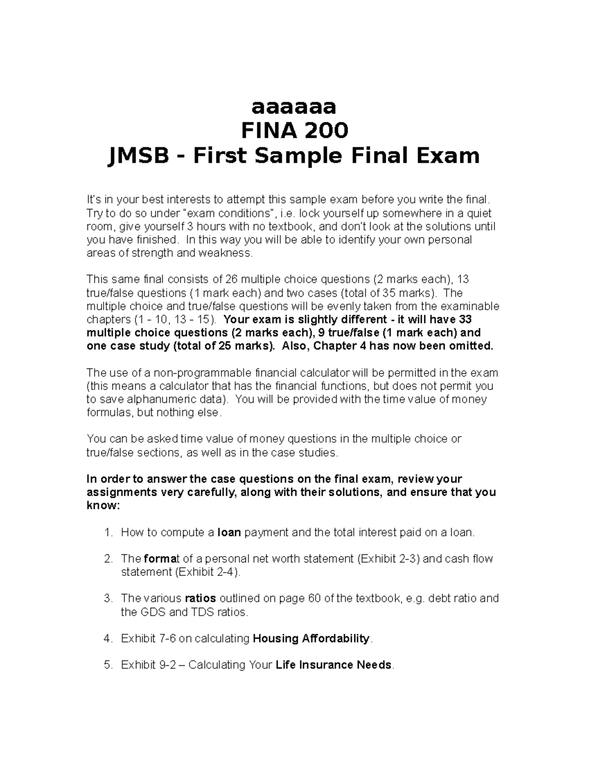 Final Exam Sample 1 - Section AA - aaaaaa FINA 200 JMSB - First Sample ...