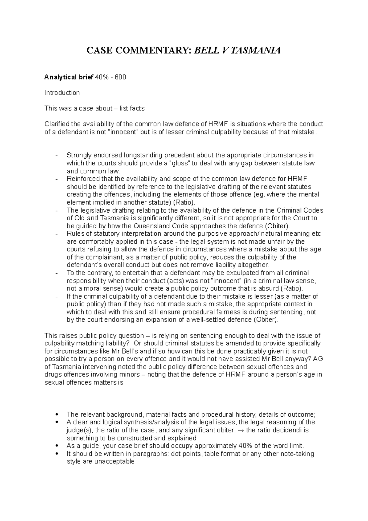 extended case note - CASE COMMENTARY: BELL V TASMANIA Analytical brief ...
